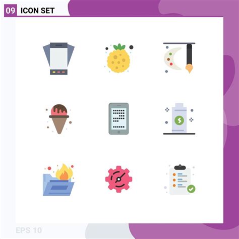 Mobile Interface Flat Color Set Of 9 Pictograms Of Mobile Ice Cream