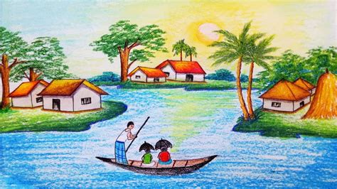 How To Draw Riverside Village Scenerystep By Stepeasy Draw Youtube