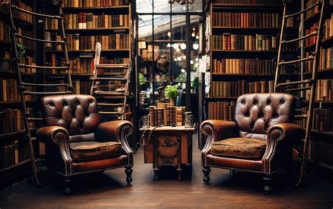 Premium AI Image Vintage Bookstore Featuring Leather Chairs And Aged