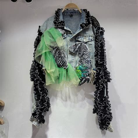 여성용 레오파드 패치 프린트 메쉬 러플 스플라이싱 긴팔 데님 재킷 라펠 홀 청바지 재킷 캐주얼 스트리트웨어 가을 패션 Aliexpress