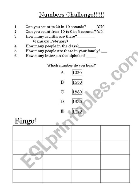 Numbers Challenge Esl Worksheet By Kiwicraig44
