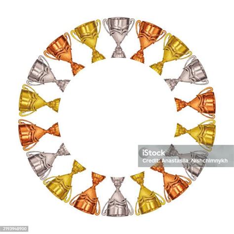 황금 은 동메달 우승 컵 트로피 승리 상 라운드 리스 프레임 손으로 그리기 수채화 그림 절연 통하고 있는 와 배경에 졸업장 대회 스포츠 로고에 대 한 템플릿 1위에 대한