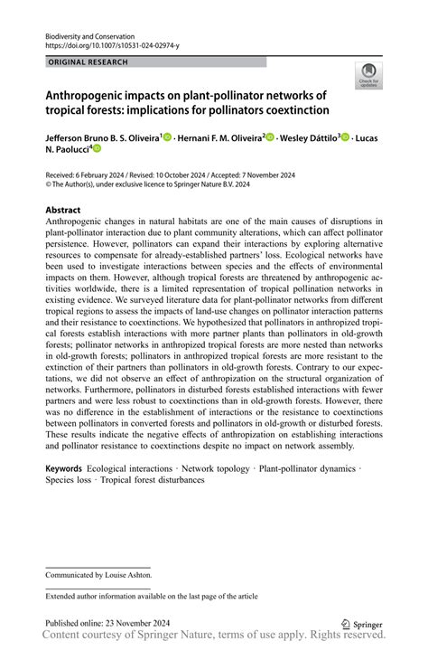 Anthropogenic Impacts On Plant Pollinator Networks Of Tropical Forests