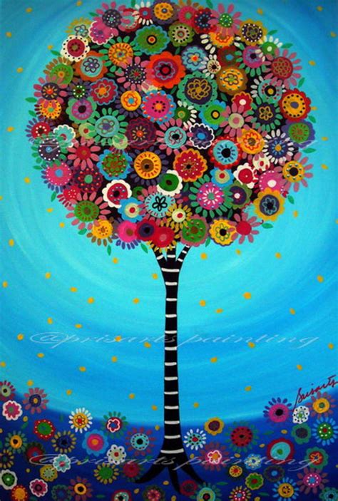Mexican Folk Art Tree Of Life Painting Bar Bat Mitzvah Gift PRINT Whimsical Flowers Etsy