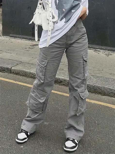 Plain Loose Fit Cargo Pants Flap Pockets Non Stretch Baggy Temu