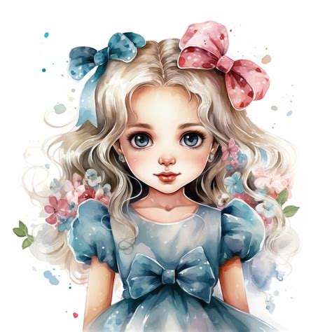 Premium Ai Image There Is A Girl With A Blue Dress And A Bow On Her