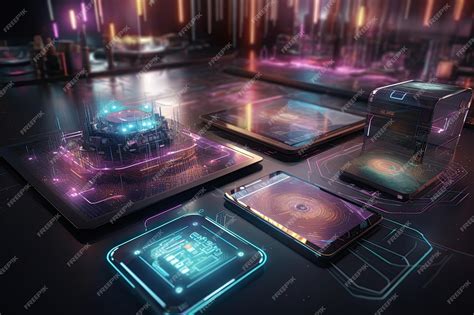 Premium Ai Image Futuristic Array Of Interconnected Electronic Devices With Hologram Generative Ia