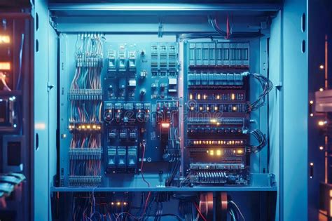 Exploring The Intricate Design Of An Advanced Electrical Panel With Vibrant Blue Hues And