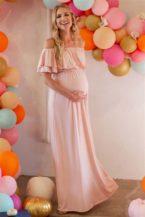 Pinkblush Light Pink Off Shoulder Ruffle Trim Maternity Maxi Dress