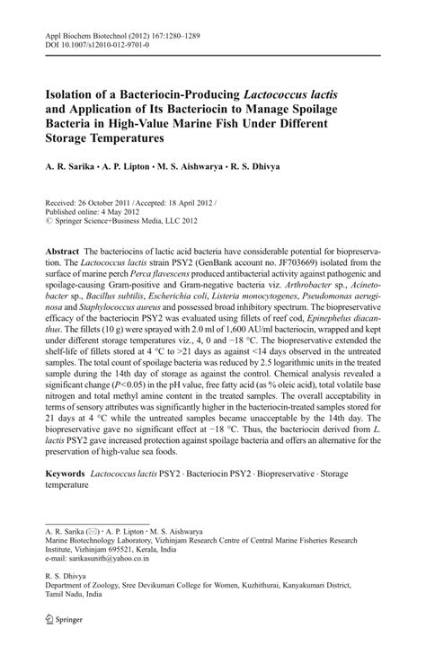 Pdf Isolation Of A Bacteriocin Producing Lactococcus Lactis And Application Of Its Bacteriocin