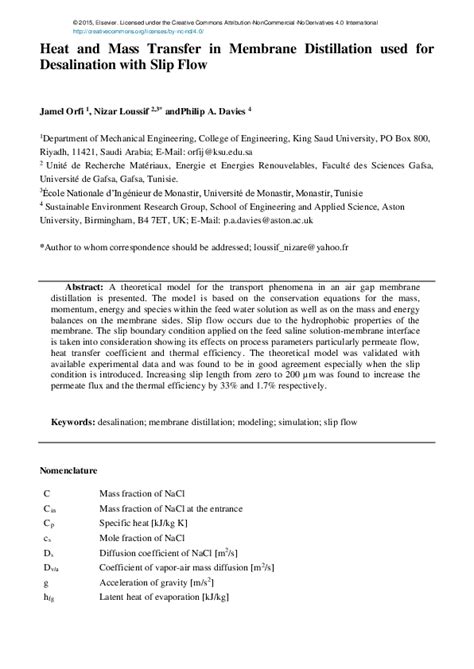 Pdf Heat And Mass Transfer In Membrane Distillation Used For Desalination With Slip Flow