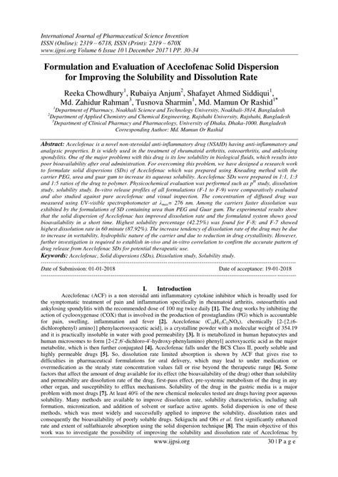 Pdf Formulation And Evaluation Of Aceclofenac Solid Dispersion For