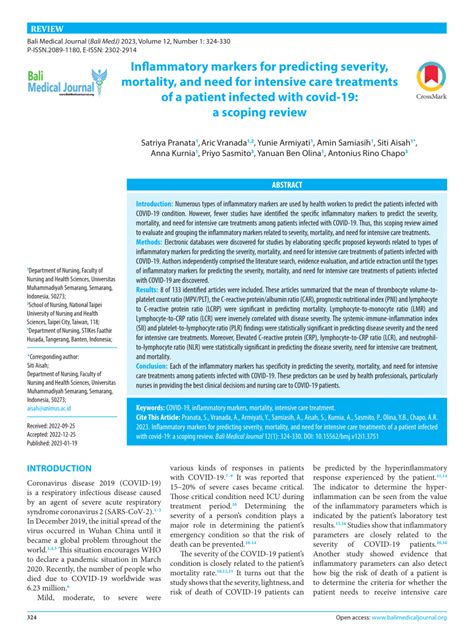 Pdf Inflammatory Markers For Predicting Severity Mortality And Need