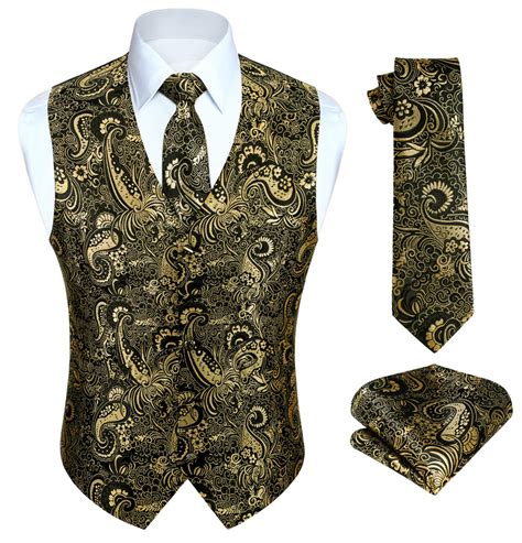 Paisley Floral 3pc Suit Vest Set Goldblack Hisdern