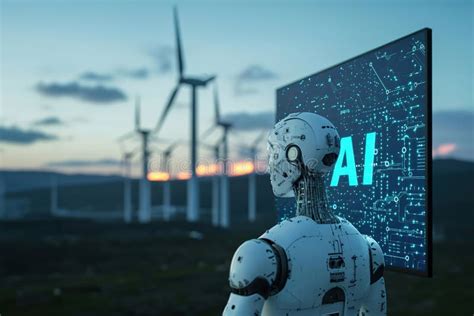 AI Robot Standing In Front Of A Computer Screen Many Wind Generators