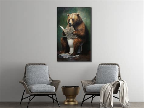 Grizzly Bear Sitting On The Toilet Canvas Bear Canvas Painting Funny