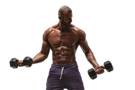 Premium Photo Muscular Men Lifting Weights Performing Dumbbell Biceps