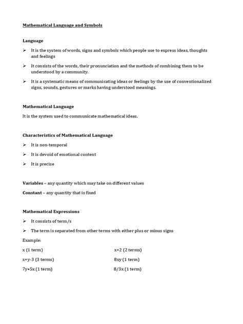 Mmw Mathematical Language And Symbols And Polya Pdf Variable