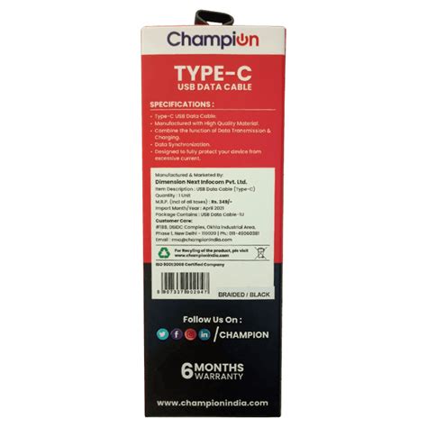 Champion Usb To Type C Data Sync Charging Cable Braided M For All Android Type C