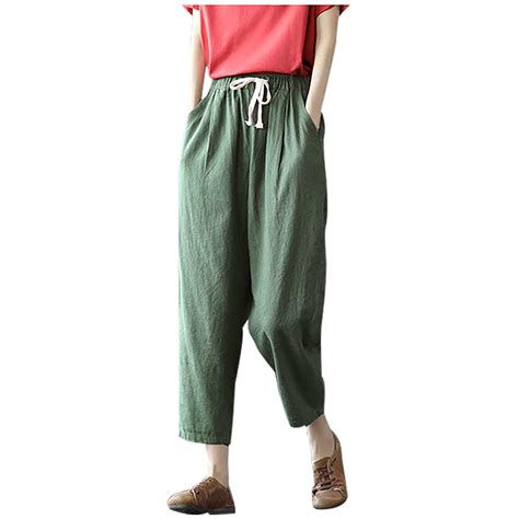 Vrhaik Womens Cotton Linen Capri Pants Elastic Waist Drawstring Wide