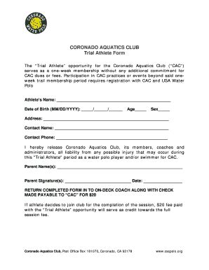 Fillable Online Trial Athlete Membership Form Cdn1 Sportngin Fax