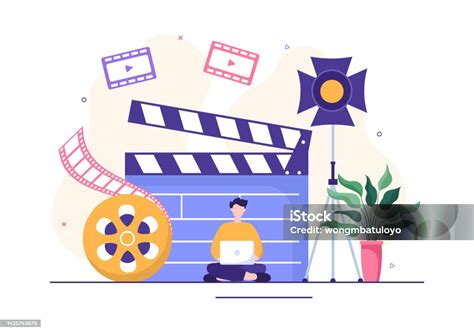 비디오 그래퍼 서비스 템플릿 손으로 그린 만화 플랫 일러스트 레이 션 레코드 비디오 제작 영화 장비 및 영화 산업 디자인 가정용 캠코더에 대한 스톡 벡터 아트 및 기타