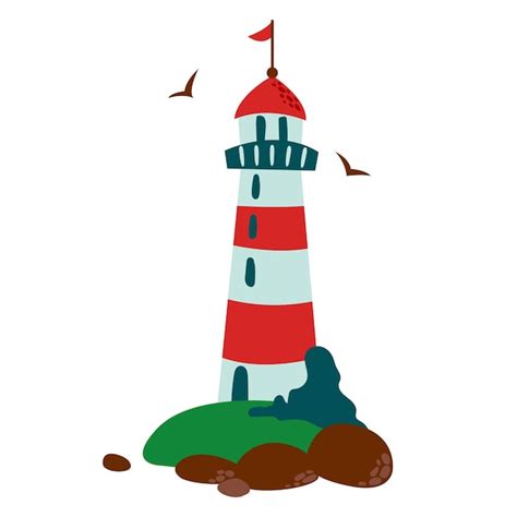 Premium Vector Cute Handdrawn Lighthouse With An Island Of Greenery