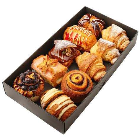 Delicious Assorted Pastries Lying In Black Cardboard Box On White