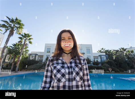 Holidays And Vacation Concept Portrait Of Woman At Resorts Near