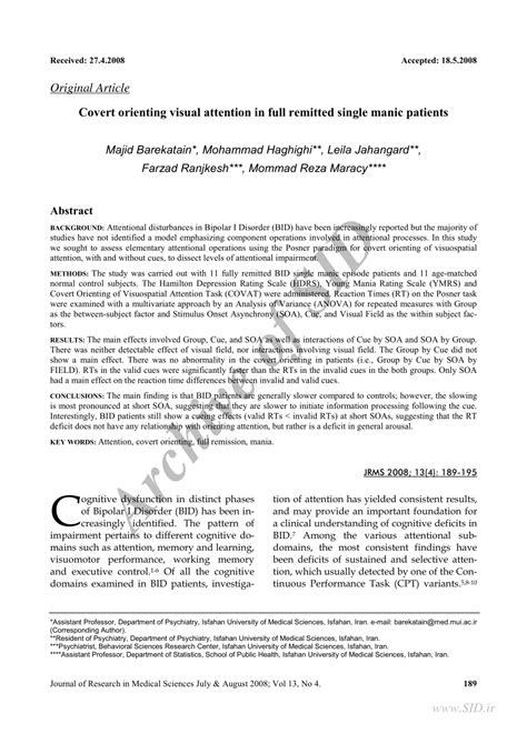 Pdf Covert Orienting Visual Attention In Full Remitted Single Manic