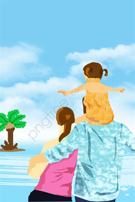 插圖家庭三口和諧 暖 戶外 海插畫素材，桌布背景免費下載 免版稅