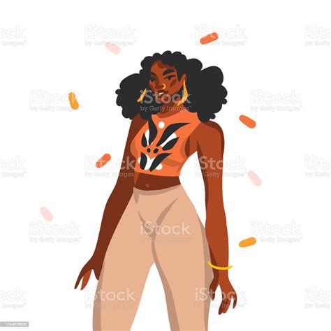 손으로 그린 벡터 평면 추상적 인 스톡 그래픽 일러스트 와 젊은 행복 블랙 Afro 미국 의 아름다움 여성과 피어싱 에 그녀의 얼굴 고립 된 흰색 배경 아프리카계 미국