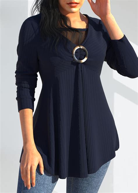 Navy Mesh Stitching V Neck Long Sleeve T Shirt Usd 1798