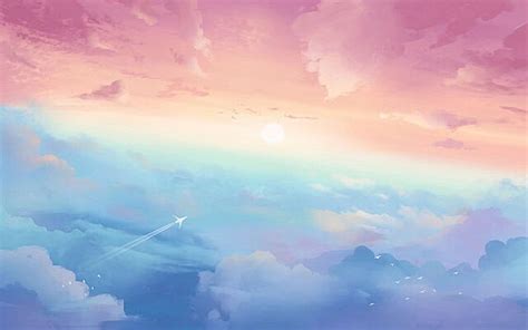 唯美天空插画手绘蓝天白云背景云层夕阳风景粉紫色治愈 花瓣网
