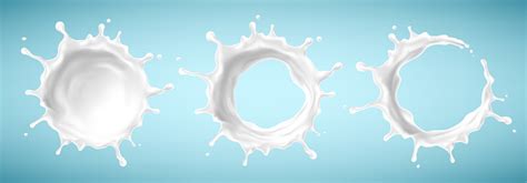 우유 스플래쉬 세트는 파란색 배경에 고립되어 있습니다 천연 유제품 요구르트 또는 크림이 물방울을 뿌립니다 사실적인 벡터 일러스트레이션 3차원 형태에 대한 스톡 벡터 아트 및