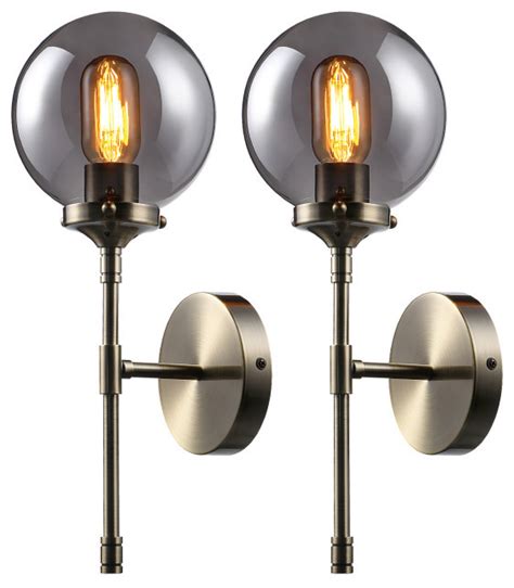 2 Pack 1 Light Armed Sconce Globe Glass Wall Sconce Smoky Grey