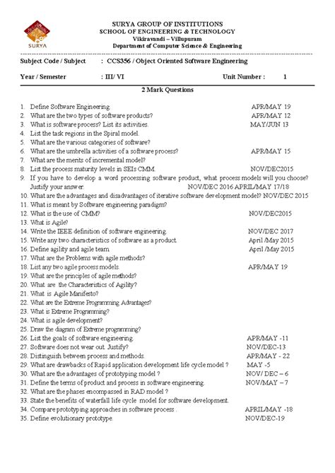 CCS356 Midterm Question Bank On Object Oriented Software Engineering