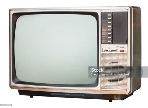 오래된 복고풍 색상 청동 홈 Tv 수신기 흰색 배경에 고립 절단 화면과 측면보기 오래된 텔레비전 텔레비전에 대한 스톡 사진 및
