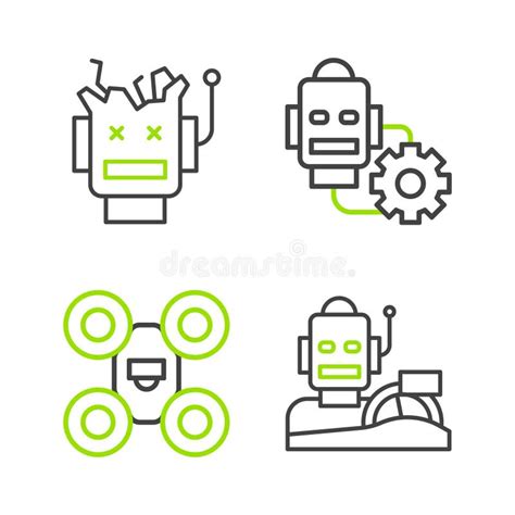 Set Line Robot Humanoid Driving A Car Drone Setting And Broken Robot Icon Vector Stock Vector