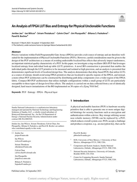 An Analysis Of Fpga Lut Bias And Entropy For Physical Unclonable Functions