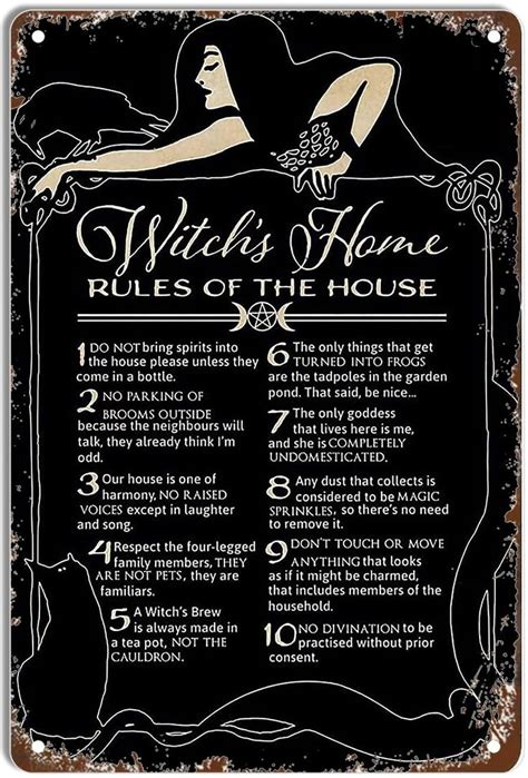 Dhaey Vintage Metal Tin Sign Witchs Home Rules Of The House Witch