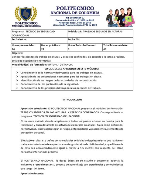 Modulo 14 Trabajos Seguros En Alturas Politecnico 1 Pdf