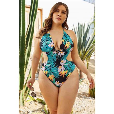 Sexy Cut Out Floral Print Swimsuits Plus Size Backless Monokini Swimwear Apricus Fashion