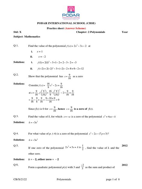 As Ps Cbse X Math 2 Polynomials Pdf Polynomial Zero Of