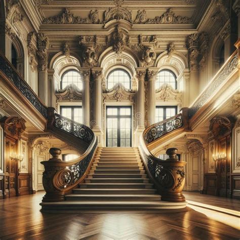 A Grand Classical Staircase With Ornate Railings And A Sunbeam