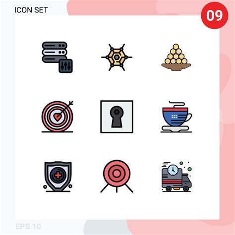 Mobile Interface Filledline Flat Color Set Of 9 Pictograms Of Key Target Dessert Love Treat