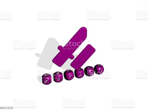 카타나의 3d 그래픽 이미지와 상단 관점에서 금속 입방 문자로 만든 텍스트와 함께 개념 프리젠 테이션 및 슬라이드 쇼에 탁월합니다 일러스트와 검 0명에 대한 스톡 사진 및