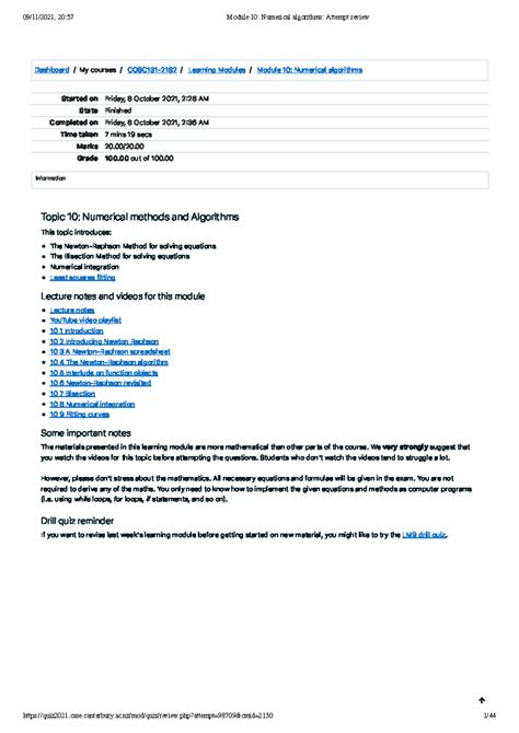Module Numerical Algorithms Attempt Review Dashboard My Courses