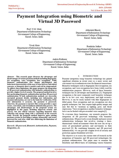 Payment Integration Using Biometric And Virtual 3d Password Ijertv12is060052 Pdf Biometrics