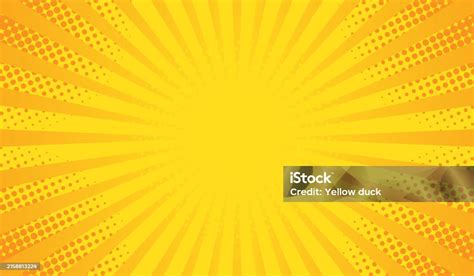 주황색과 노란색 방사선 만화 배경입니다 선샤인 광고 배너 팝 아트 텍스처입니다 색상 하프톤 배경 복사 공간입니다 벡터 일러스트 레이 션 평면 디자인입니다 만화책에 대한 스톡